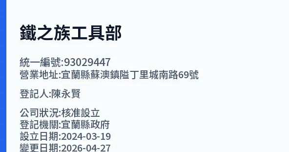 鐵之族工具部的照片-統編 93029447(宜蘭縣) 公司登記資料與營業項目詳細圖表