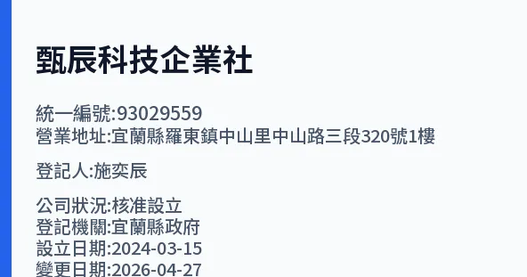 甄辰科技企業社的照片-統編 93029559(宜蘭縣) 公司登記資料與營業項目詳細圖表