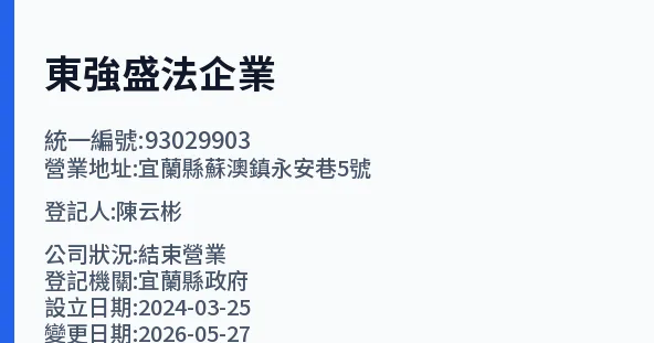 東強盛法企業的照片-統編 93029903(宜蘭縣) 公司登記資料與營業項目詳細圖表