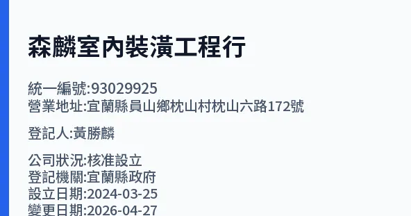 森麟室內裝潢工程行的照片-統編 93029925(宜蘭縣) 公司登記資料與營業項目詳細圖表