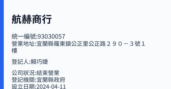 航赫商行的照片-統編 93030057(宜蘭縣) 公司登記資料與營業項目詳細圖表