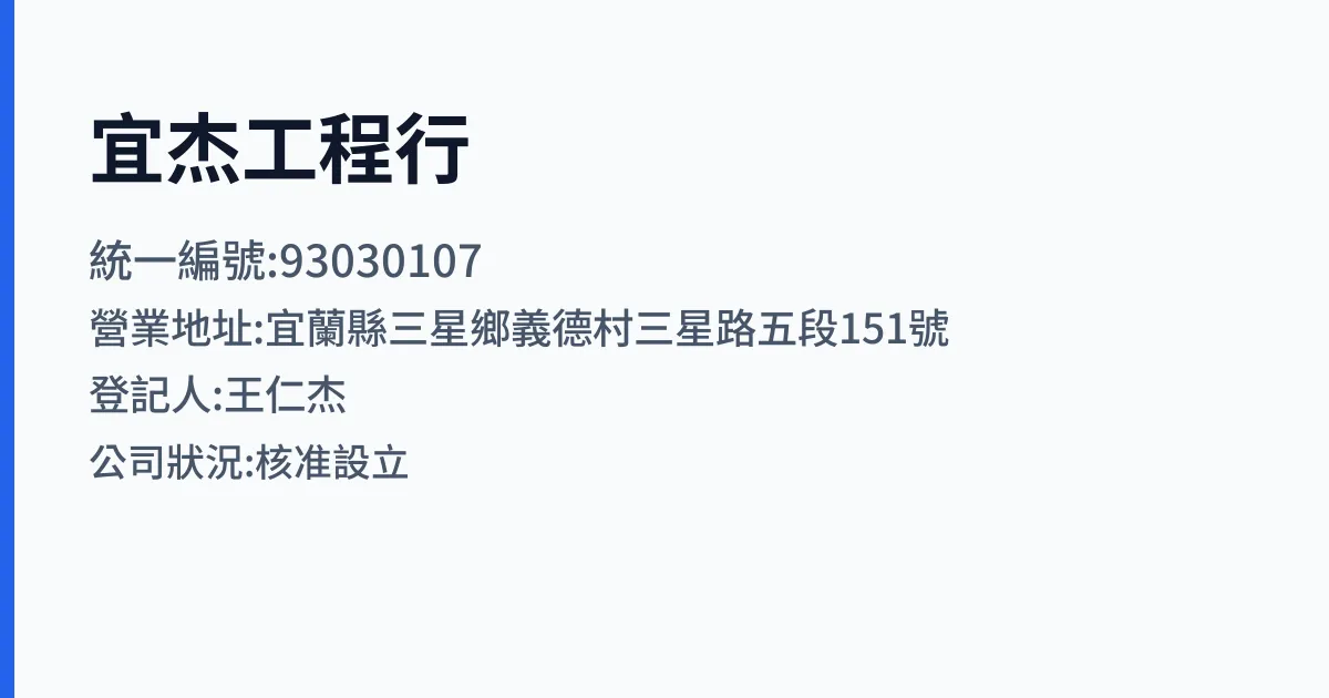 宜杰工程行 - 統編 93030107(宜蘭縣) 公司登記資料與營業項目詳細圖表