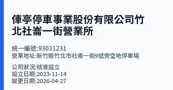 俥亭停車事業股份有限公司竹北社崙一街營業所的照片-統編 93031231(新竹縣) 公司登記資料與營業項目詳細圖表
