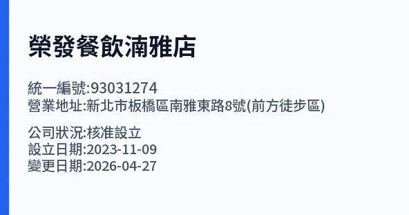 榮發餐飲湳雅店的照片-統編 93031274(新北市) 公司登記資料與營業項目詳細圖表