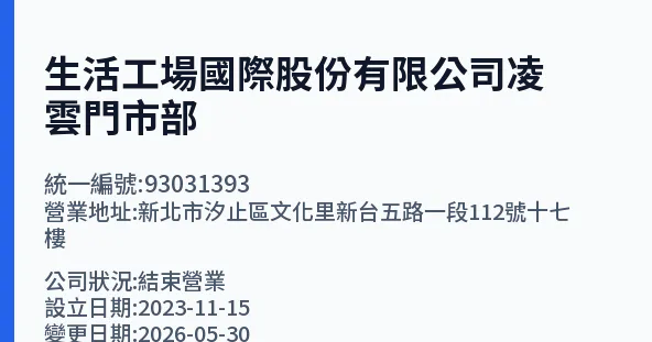 生活工場國際股份有限公司凌雲門市部的照片-統編 93031393(新北市) 公司登記資料與營業項目詳細圖表