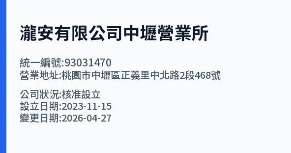 瀧安有限公司中壢營業所的照片-統編 93031470(桃園市) 公司登記資料與營業項目詳細圖表