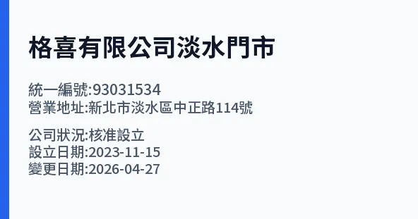 格喜有限公司淡水門市的照片-統編 93031534(新北市) 公司登記資料與營業項目詳細圖表