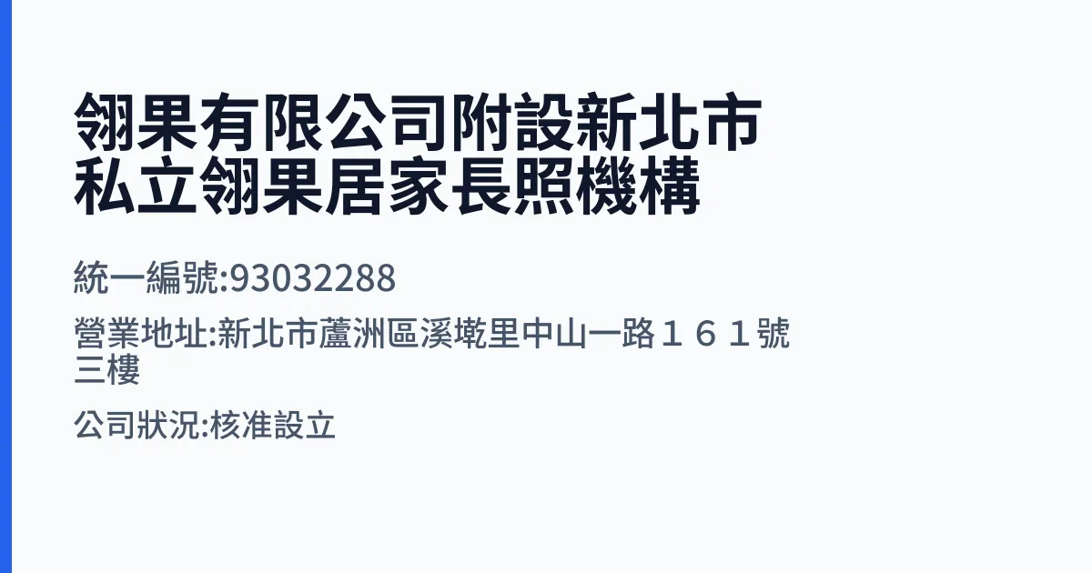 翎果有限公司附設新北市私立翎果居家長照機構 - 統編 93032288(新北市) 公司登記資料與營業項目詳細圖表