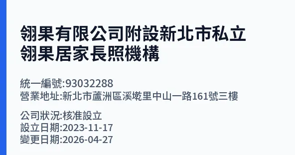 翎果有限公司附設新北市私立翎果居家長照機構的照片-統編 93032288(新北市) 公司登記資料與營業項目詳細圖表
