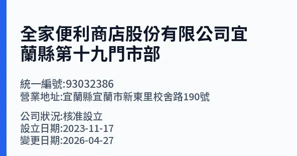 全家便利商店股份有限公司宜蘭縣第十九門市部的照片-統編 93032386(宜蘭縣) 公司登記資料與營業項目詳細圖表