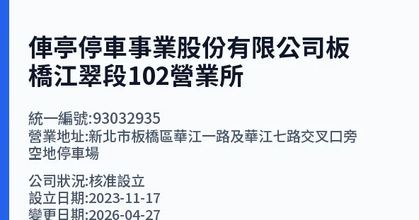 俥亭停車事業股份有限公司板橋江翠段102營業所的照片-統編 93032935(新北市) 公司登記資料與營業項目詳細圖表