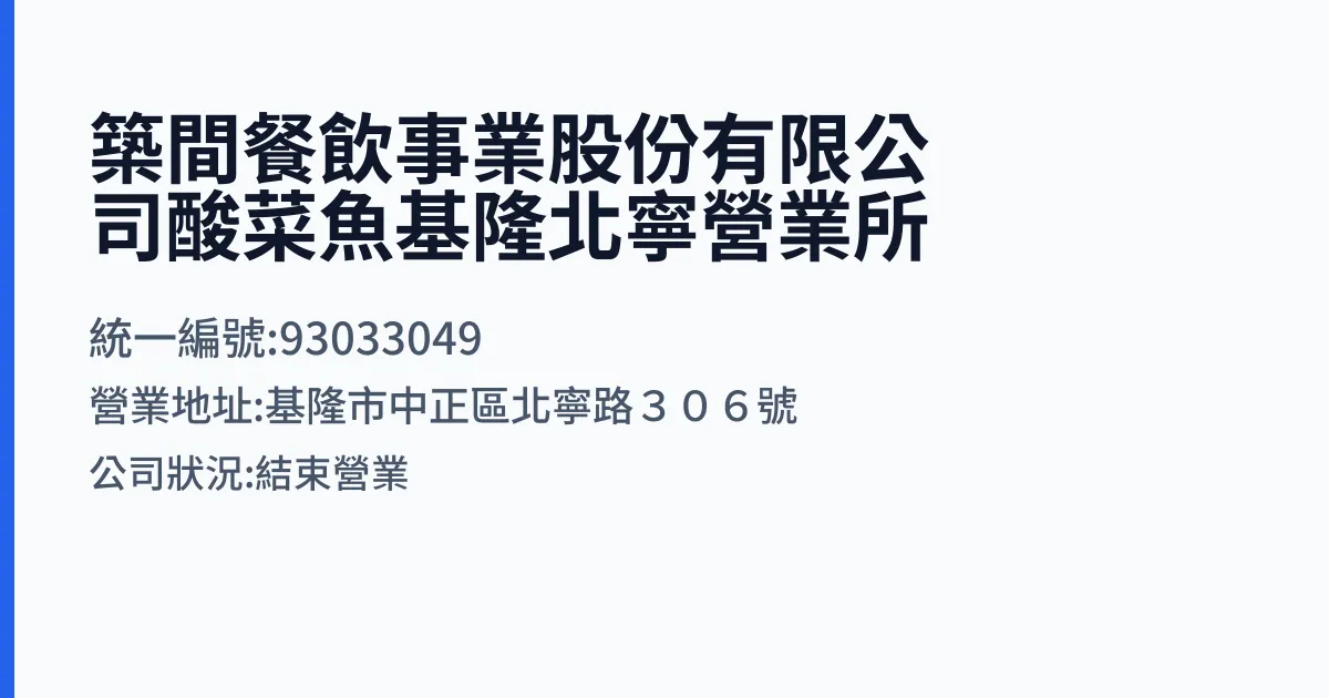 築間餐飲事業股份有限公司酸菜魚基隆北寧營業所 - 統編 93033049(基隆市) 公司登記資料與營業項目詳細圖表
