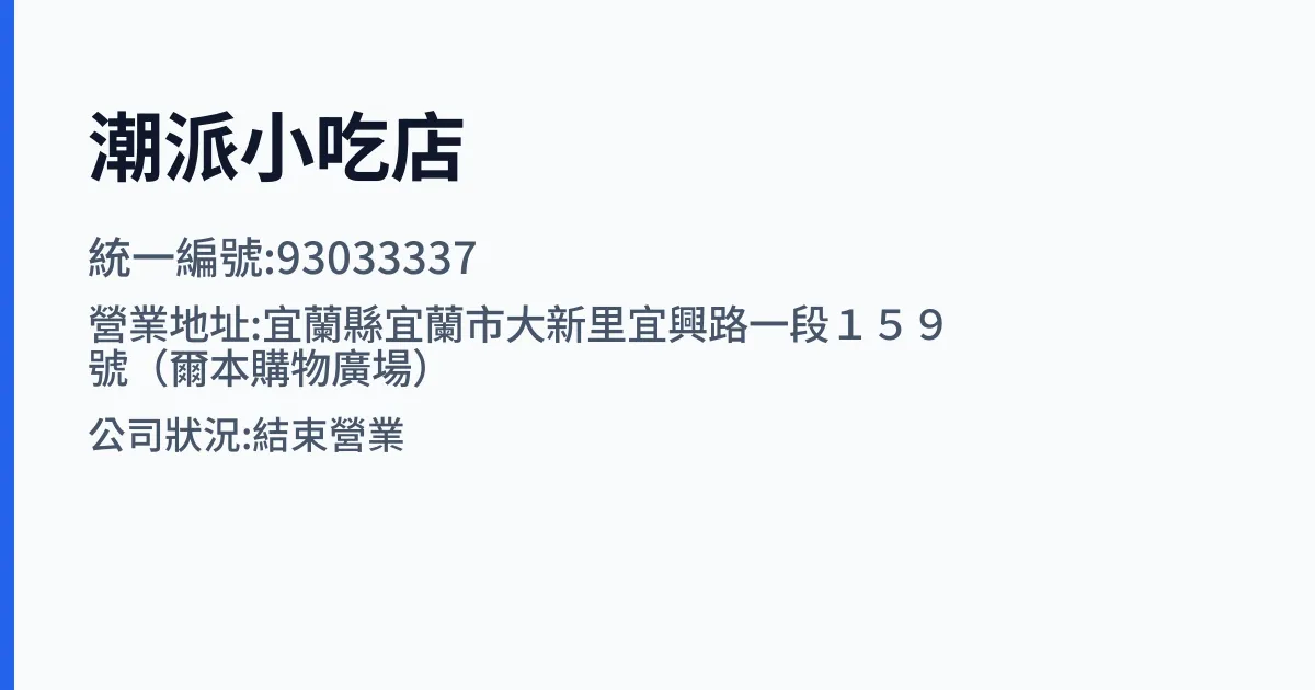 潮派小吃店 - 統編 93033337(宜蘭縣) 公司登記資料與營業項目詳細圖表