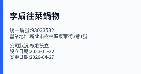李扇往萊鍋物的照片-統編 93033532(新北市) 公司登記資料與營業項目詳細圖表