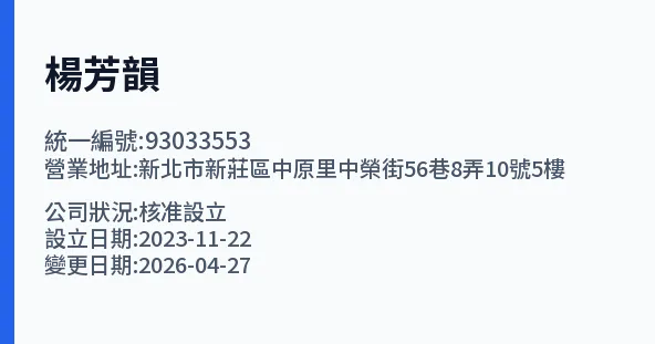 楊芳韻的照片-統編 93033553(新北市) 公司登記資料與營業項目詳細圖表