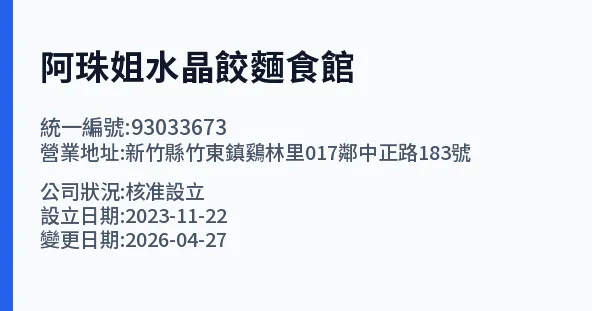阿珠姐水晶餃麵食館的照片-統編 93033673(新竹縣) 公司登記資料與營業項目詳細圖表