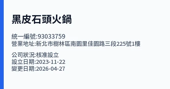 黑皮石頭火鍋的照片-統編 93033759(新北市) 公司登記資料與營業項目詳細圖表