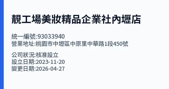 靚工場美妝精品企業社內壢店的照片-統編 93033940(桃園市) 公司登記資料與營業項目詳細圖表