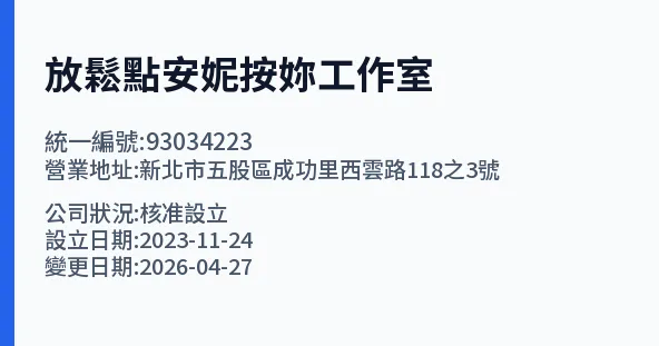 放鬆點安妮按妳工作室的照片-統編 93034223(新北市) 公司登記資料與營業項目詳細圖表