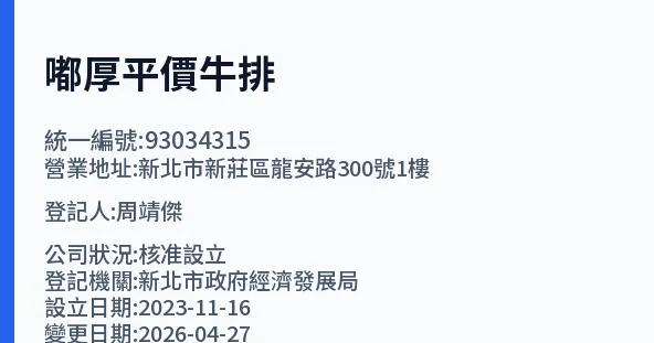 嘟厚平價牛排的照片-統編 93034315(新北市) 公司登記資料與營業項目詳細圖表