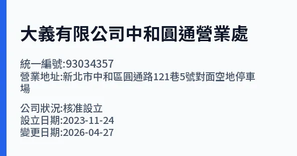 大義有限公司中和圓通營業處的照片-統編 93034357(新北市) 公司登記資料與營業項目詳細圖表