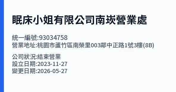 眠床小姐有限公司南崁營業處的照片-統編 93034758(桃園市) 公司登記資料與營業項目詳細圖表
