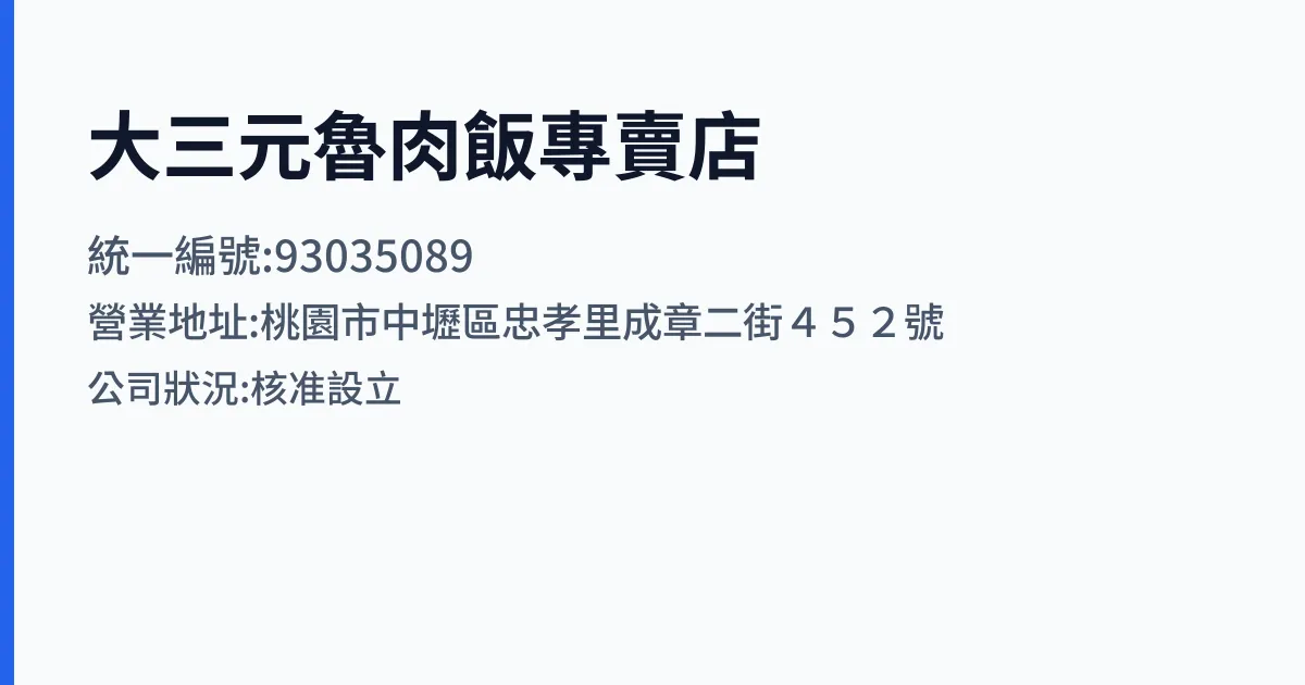大三元魯肉飯專賣店 - 統編 93035089(桃園市) 公司登記資料與營業項目詳細圖表