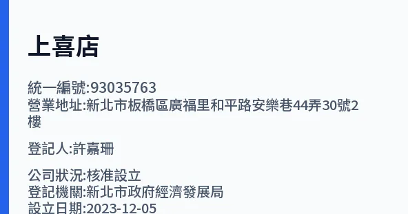 上喜店的照片-統編 93035763(新北市) 公司登記資料與營業項目詳細圖表