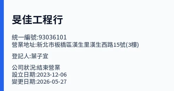 旻佳工程行的照片-統編 93036101(新北市) 公司登記資料與營業項目詳細圖表