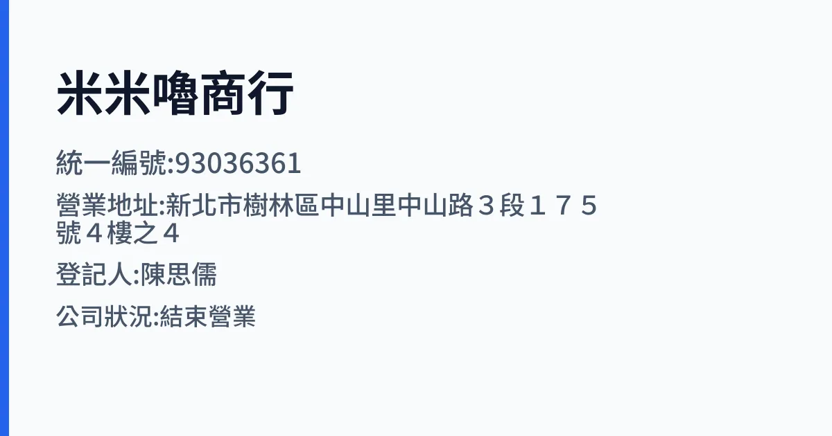 米米嚕商行 - 統編 93036361(新北市) 公司登記資料與營業項目詳細圖表