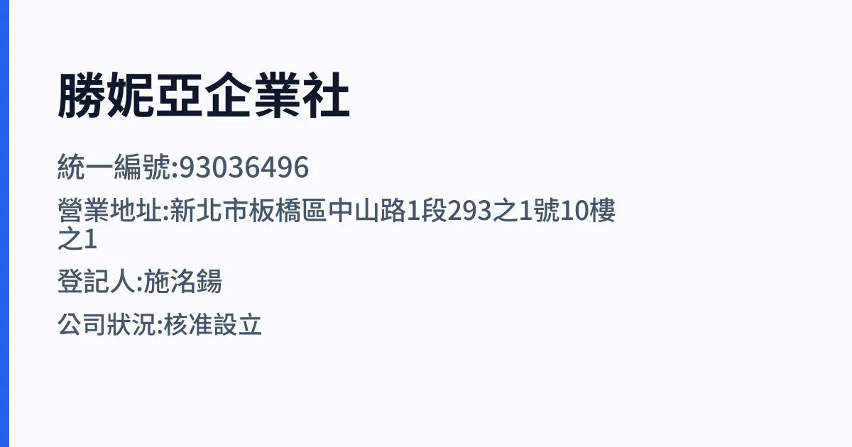 勝妮亞企業社 - 統編 93036496(新北市) 公司登記資料與營業項目詳細圖表