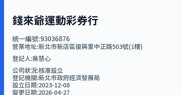 錢來爺運動彩券行的照片-統編 93036876(新北市) 公司登記資料與營業項目詳細圖表