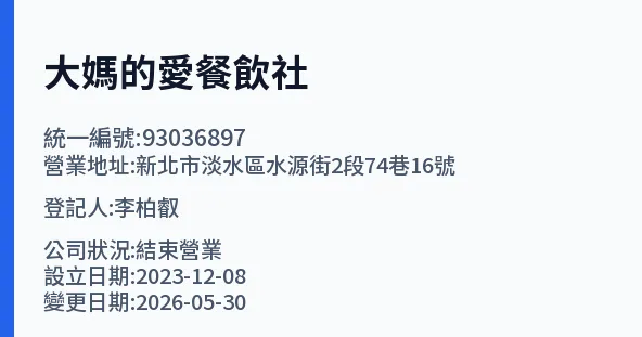 大媽的愛餐飲社的照片-統編 93036897(新北市) 公司登記資料與營業項目詳細圖表