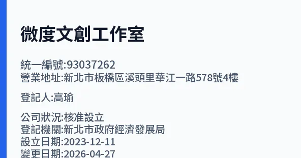 微度文創工作室的照片-統編 93037262(新北市) 公司登記資料與營業項目詳細圖表