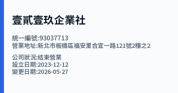 壹貳壹玖企業社的照片-統編 93037713(新北市) 公司登記資料與營業項目詳細圖表