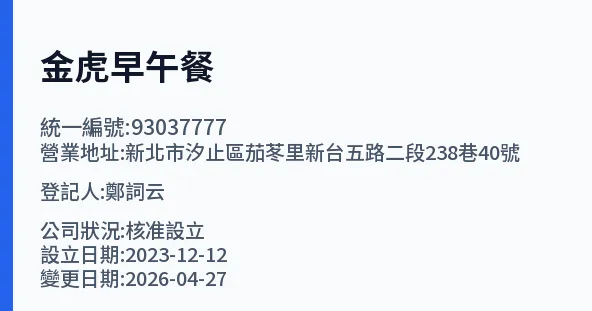金虎早午餐的照片-統編 93037777(新北市) 公司登記資料與營業項目詳細圖表