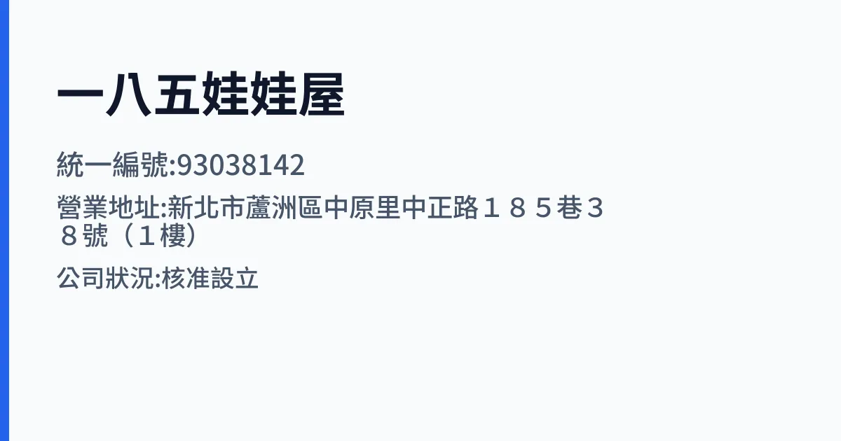 一八五娃娃屋 - 統編 93038142(新北市) 公司登記資料與營業項目詳細圖表