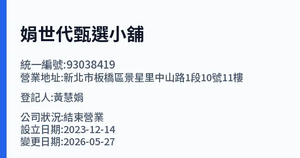 娟世代甄選小舖的照片-統編 93038419(新北市) 公司登記資料與營業項目詳細圖表