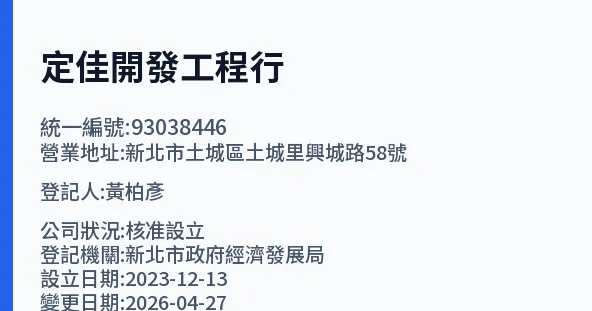定佳開發工程行的照片-統編 93038446(新北市) 公司登記資料與營業項目詳細圖表