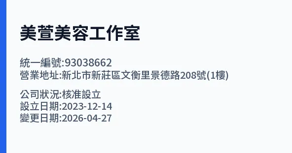 美萱美容工作室的照片-統編 93038662(新北市) 公司登記資料與營業項目詳細圖表