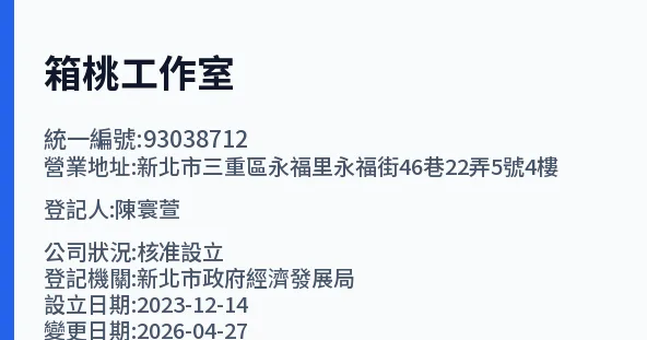 箱桃工作室的照片-統編 93038712(新北市) 公司登記資料與營業項目詳細圖表