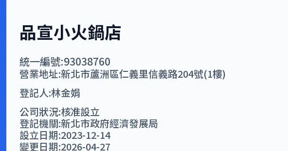 品宣小火鍋店的照片-統編 93038760(新北市) 公司登記資料與營業項目詳細圖表