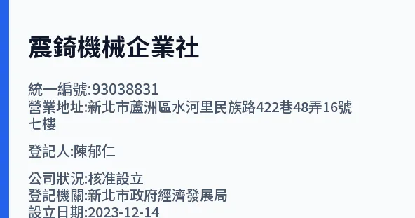 震錡機械企業社的照片-統編 93038831(新北市) 公司登記資料與營業項目詳細圖表