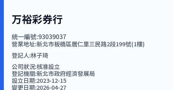 万裕彩券行的照片-統編 93039037(新北市) 公司登記資料與營業項目詳細圖表