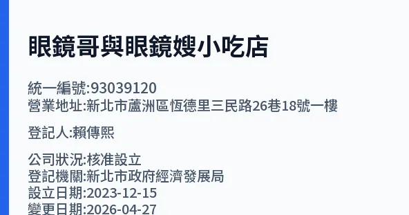 眼鏡哥與眼鏡嫂小吃店的照片-統編 93039120(新北市) 公司登記資料與營業項目詳細圖表