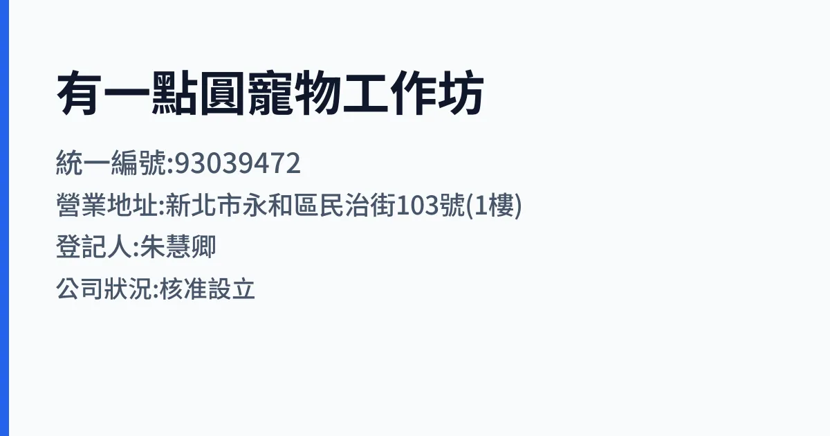 有一點圓寵物工作坊 - 統編 93039472（新北市） 公司登記資料與營業項目詳細圖表