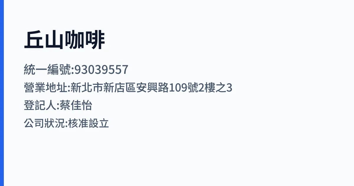 丘山咖啡 - 統編 93039557(新北市) 公司登記資料與營業項目詳細圖表