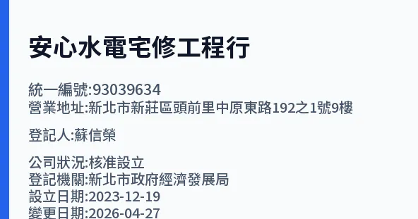 安心水電宅修工程行的照片-統編 93039634(新北市) 公司登記資料與營業項目詳細圖表