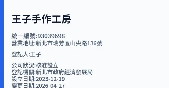 王子手作工房的照片-統編 93039698(新北市) 公司登記資料與營業項目詳細圖表