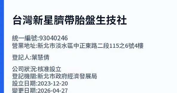 台灣新星臍帶胎盤生技社的照片-統編 93040246(新北市) 公司登記資料與營業項目詳細圖表